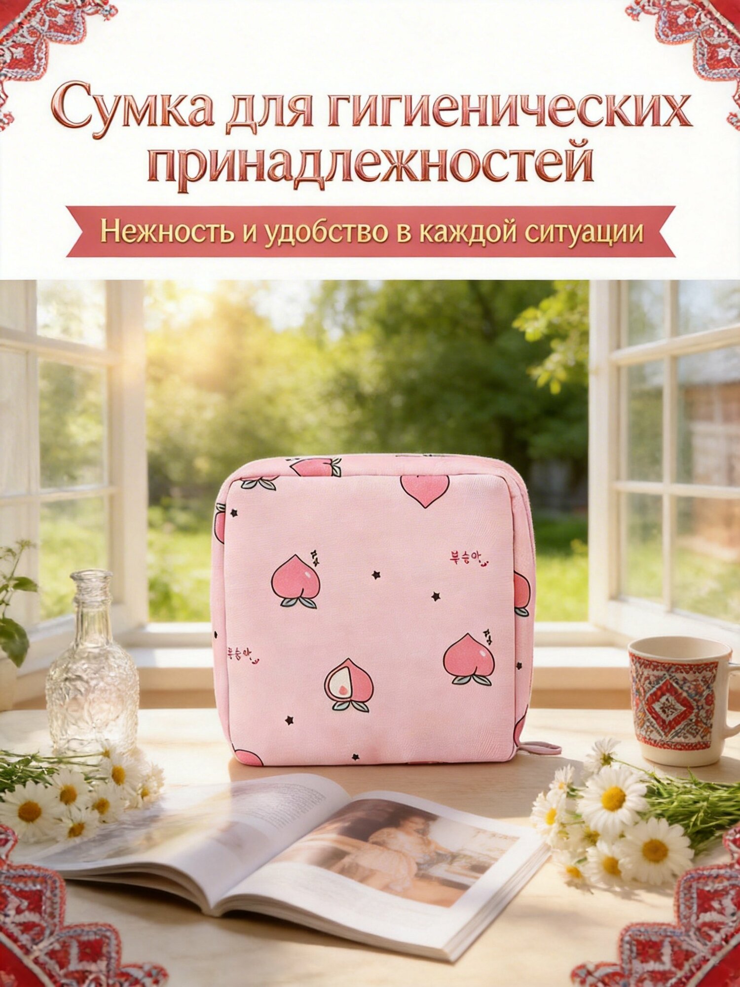 Сумка для хранения гигиенических прокладок, компактная нейлоновая на молнии 13x13x4 см розовая с персиковым оттенком для женщин и девочек