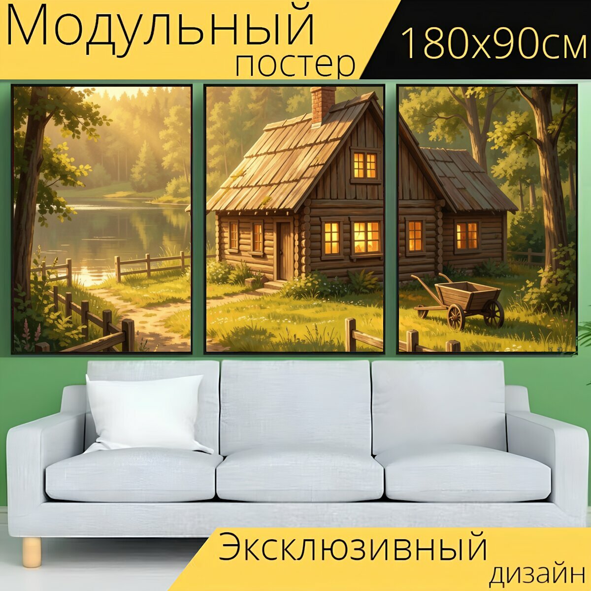 Модульный постер "Уютный дом у лесного озера. Тёплый деревенский пейзаж с деревянным домиком, светящимися окнами, тропинкой, забором и." 180 x 90 см. для интерьера на стену в тубусе