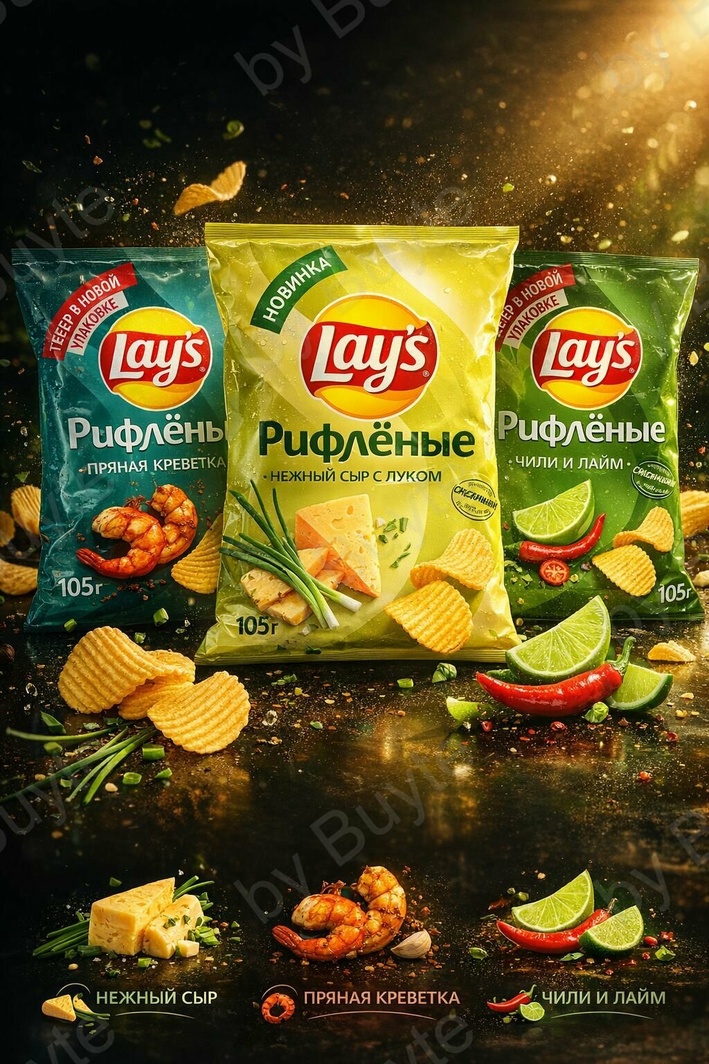 Чипсы картофельные Lay's/ Лейс Рифлёные/Комбо/ Пряная креветка/ Нежный сыр с луком/ Чили и лайм, 3 по 105г