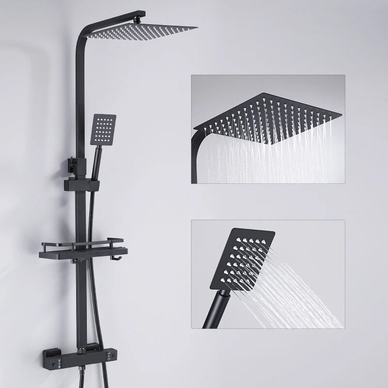 Медный термостатический смеситель для душа в ванной комнате, система душа, смесительный кран для душа, радужный душ — черный — 2 режима