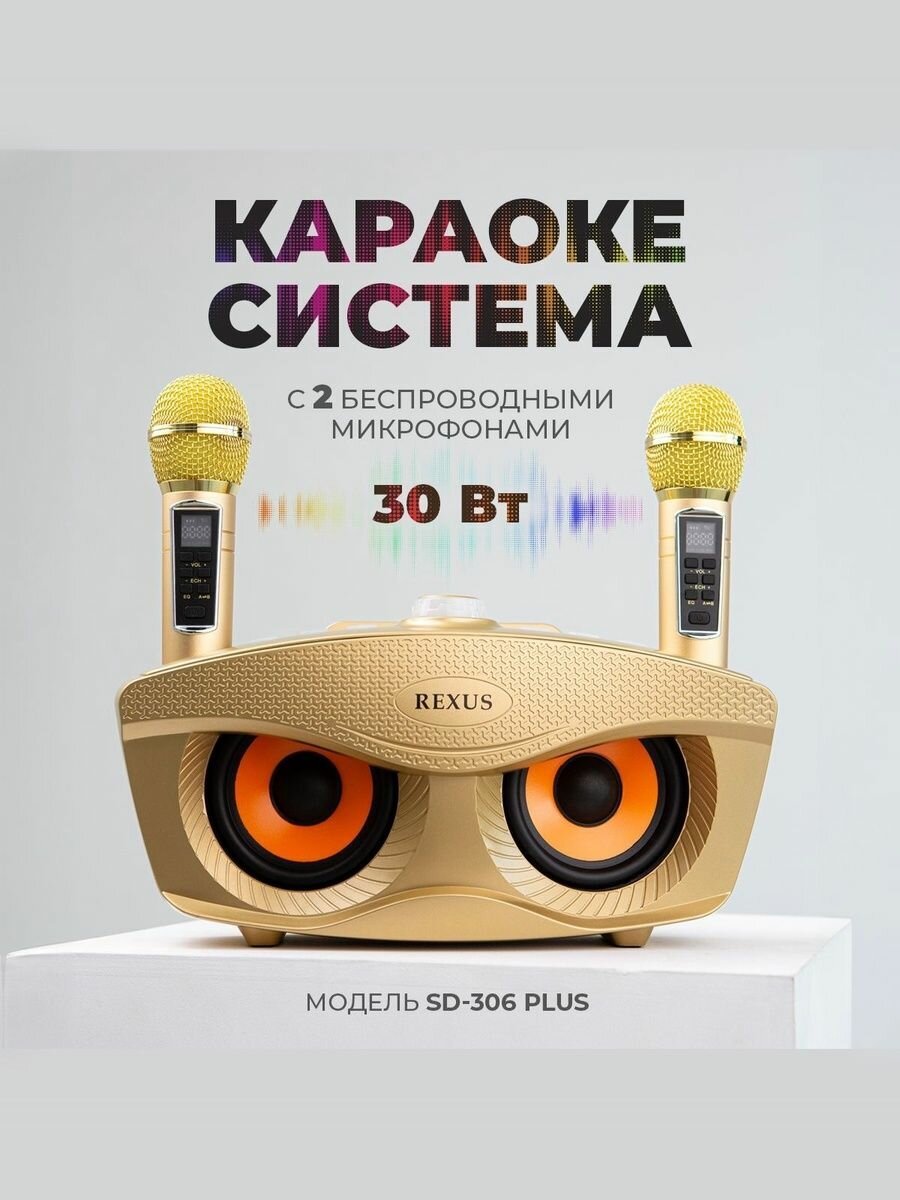 Сова REXUS SD-306 Plus (Gold) - домашняя караоке система с двумя микрофонами , изменение голоса, Bluetooth