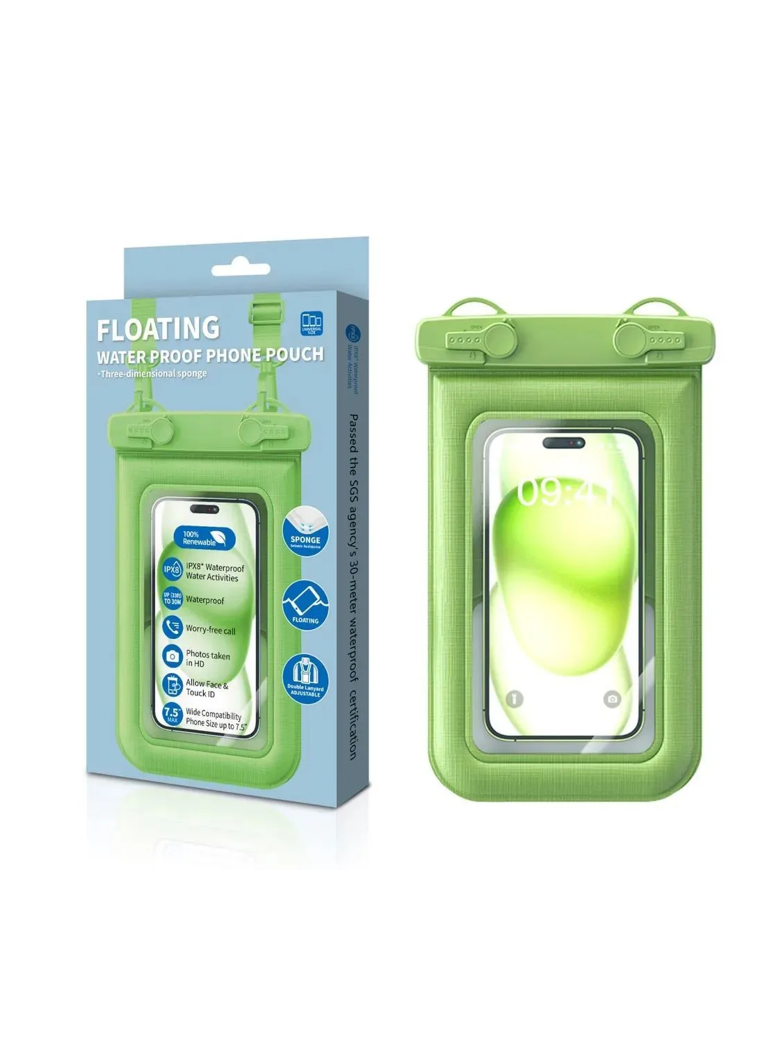 Водонепроницаемый чехол для телефона (смартфона) и документов на шею универсальный, 6.9 дюйма, зеленый