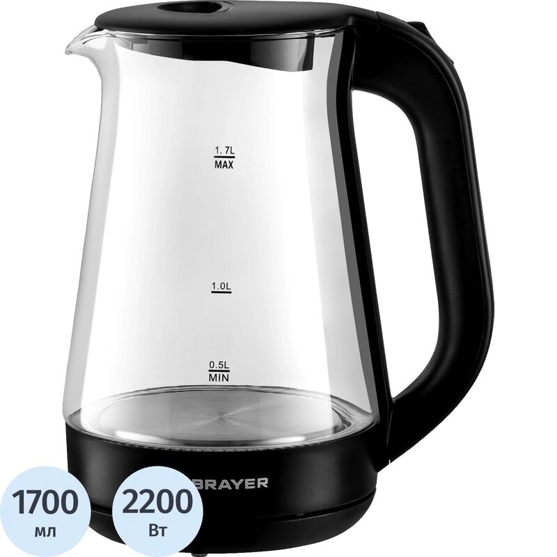 Чайник BRAYER 6112BR-BK. 2200Вт, 1,7л, электрич, стеклян. корп, автоотключ