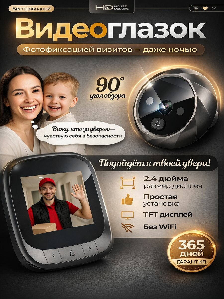 Видеоглазок для входной двери беспроводной с камерой, с фото, с записью и монитором
