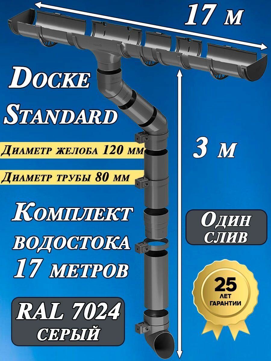 Водосток для крыши Деке Стандарт 17 м (1,5 м + 1 м) один слив ( 120 мм / 80 мм ) комплект водосточной системы для дома пластиковый Docke Standard ( цвет RAL 7024 серый графит ) комплект ПВХ