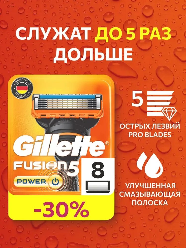 Gillette Fusion Power Сменные кассеты с 5 лезвиями для бритья/ 8 шт, Лезвия для бритвы мужские