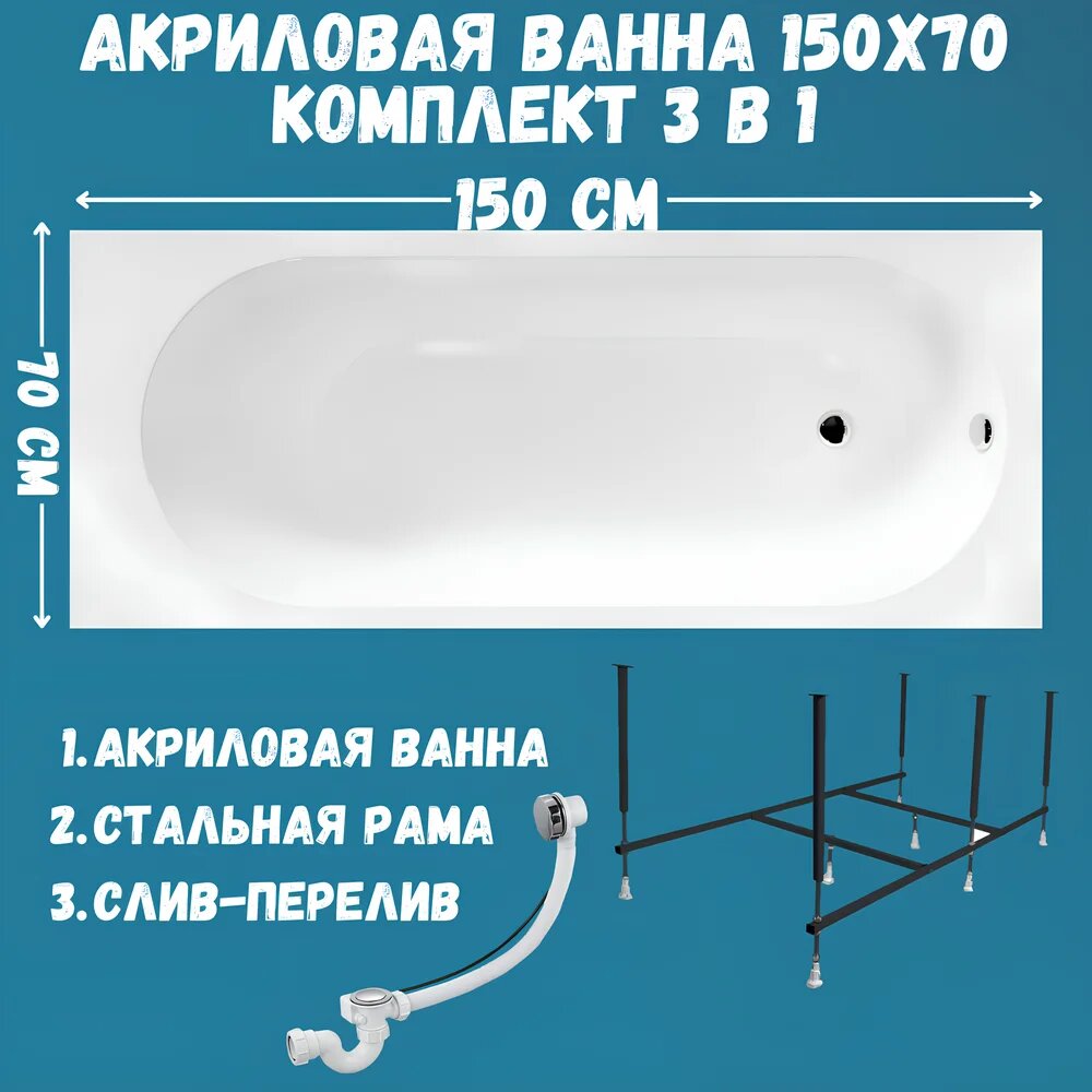 Акриловая ванна 1MarKa Атлас (Atlas) Стандарт 2 150x70, с каркасом, встраиваемая, белая, глянцевая, со сливом-переливом, прямоугольная
