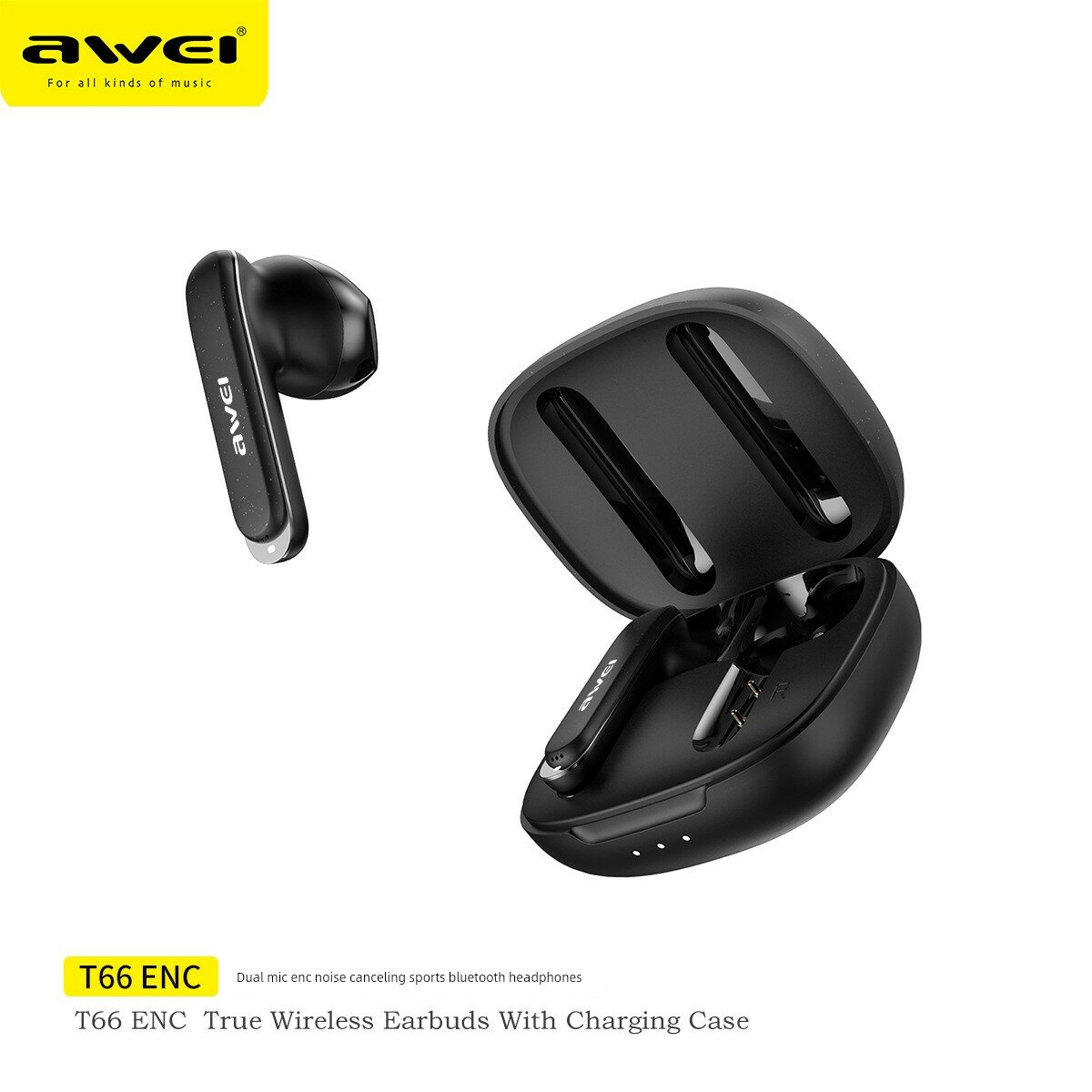 AWEI T66 ENC Активное шумоподавление Bluetooth наушники с четким звонком, удобные полупрозрачные наушники в черном цвете