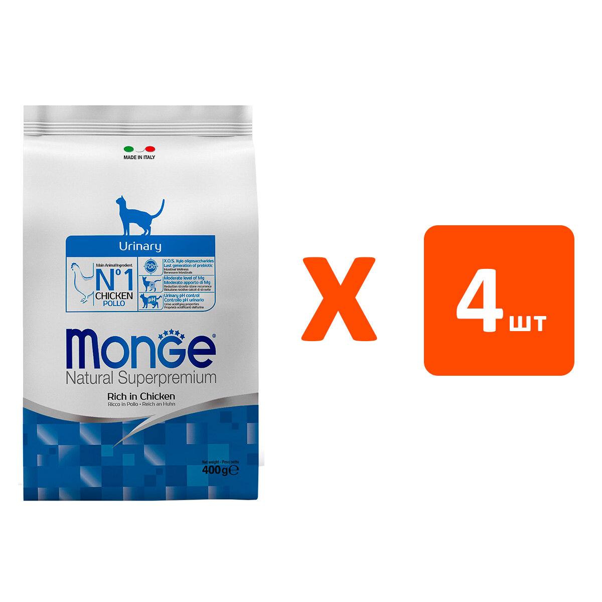 Корм сухой Monge Cat Urinary Chicken для взрослых кошек при мочекаменной болезни, курица, 0,4 кг 4 шт