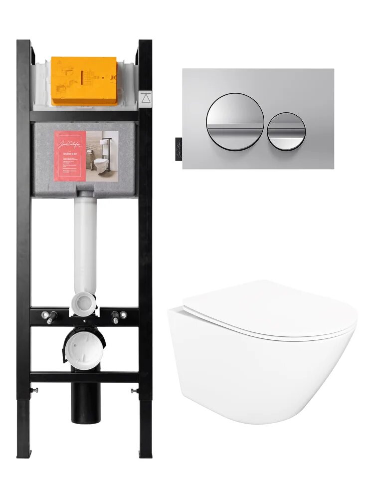Комплект 5 в 1: Инсталляция Jacob Delafon E33131RU-NF / Унитаз подвесной STWORKI Левангер S07401WH безободковый, с микролифтом / Кнопка Jacob Delafon E20859-CP-MTC, Комплект креплений
