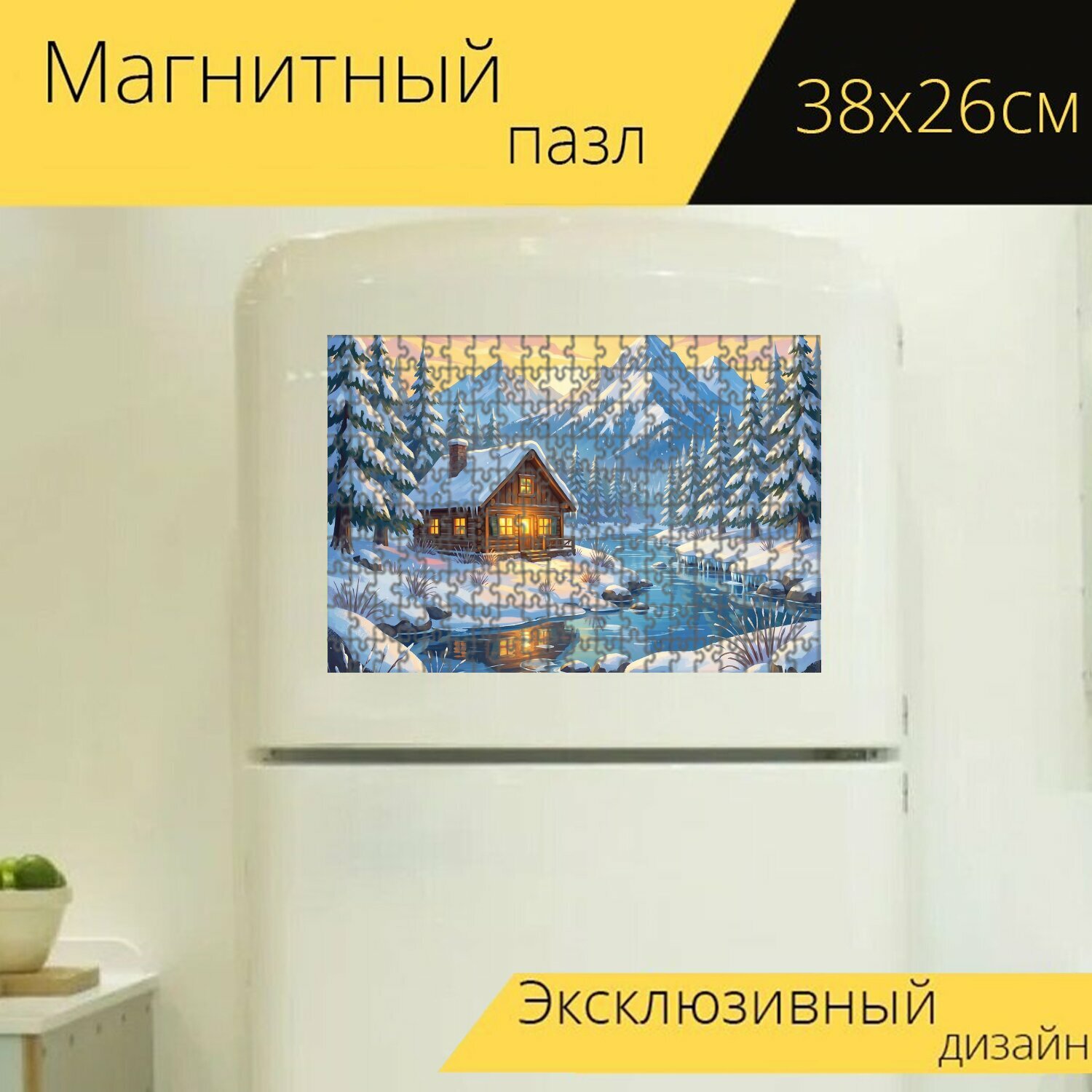 Магнитный пазл "Зимний домик у горной реки. Уютная деревянная избушка среди заснеженных елей, ледяной ручей и величественные вершины на фоне рассветного." для интерьера, 38х26 см.