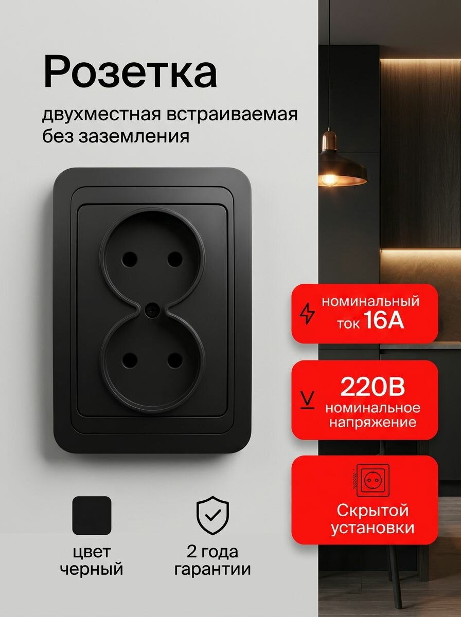 Розетка двойная CLASSICO черная 2102B скрытой установки