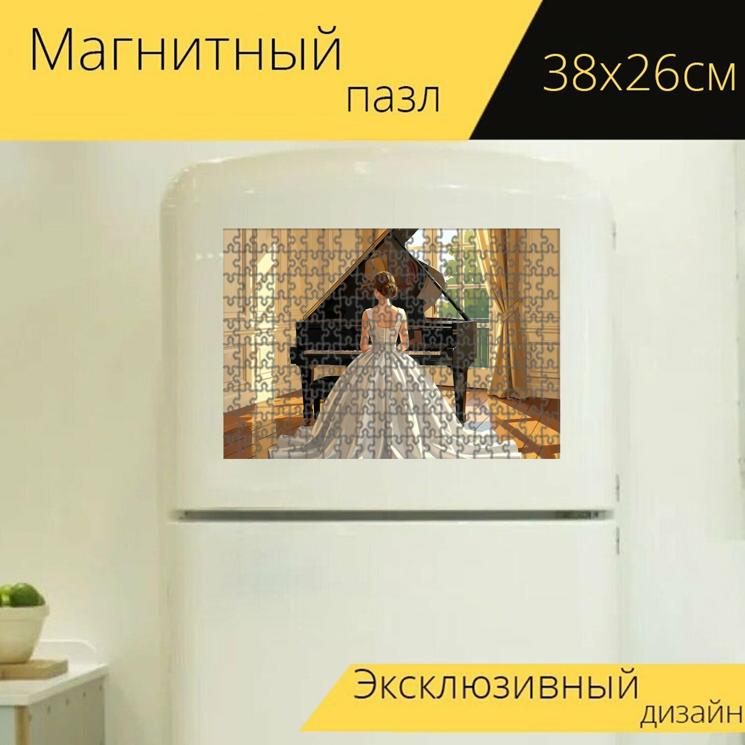 Магнитный пазл "Девушка за роялем в интерьере. Изящная невеста в белом платье сидит у черного концертного инструмента в светлой комнате с высокими окнами." для интерьера, 38х26 см.