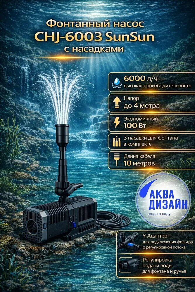 Фонтанный насос SunSun "CHJ-6003", погружной, пластик, 6000 л/ч