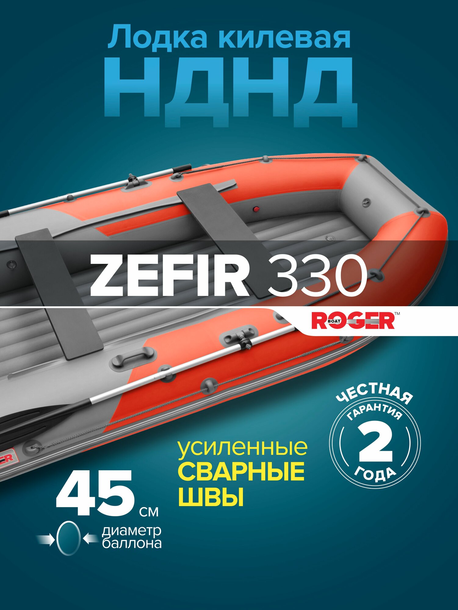 Лодка ПВХ под мотор ROGER Zefir 330, лодка надувная для рыбалки НДНД килевая (красный серый)