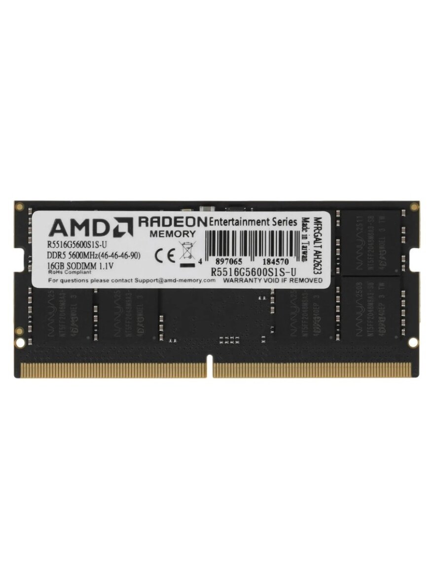 Оперативная память SO-DIMM Amd Radeon DDR5 16GB 5600Mhz PC-44800 Entertainment Series Black CL40 1.1V (R5516G5600S1S-U)