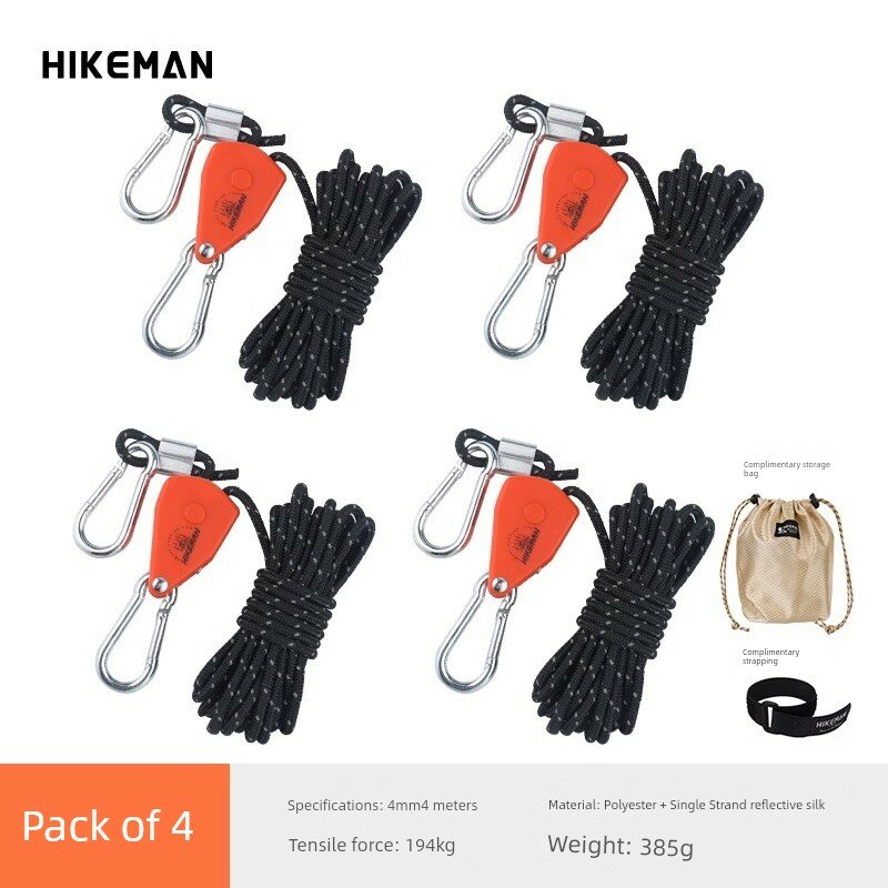 HIKEMAN 4 мм нейлоновая веревка 4 м для кемпинга, регулируемый ветровой натяжитель, 4 шт. в черном цвете, легкий