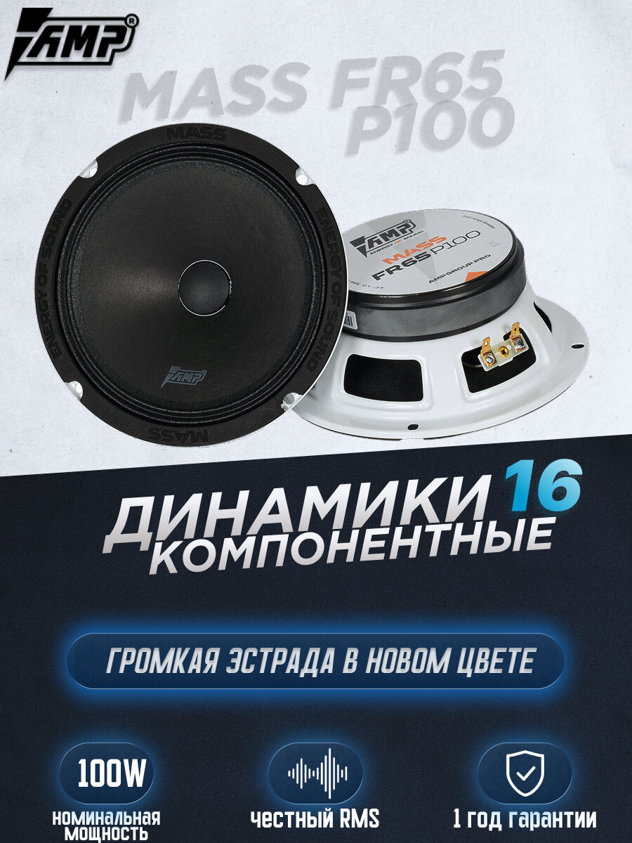 Динамики эстрадные широкополосные AMP MASS FR65P100, 16см, чувствительность 95дБ, мощность 100Вт, черные