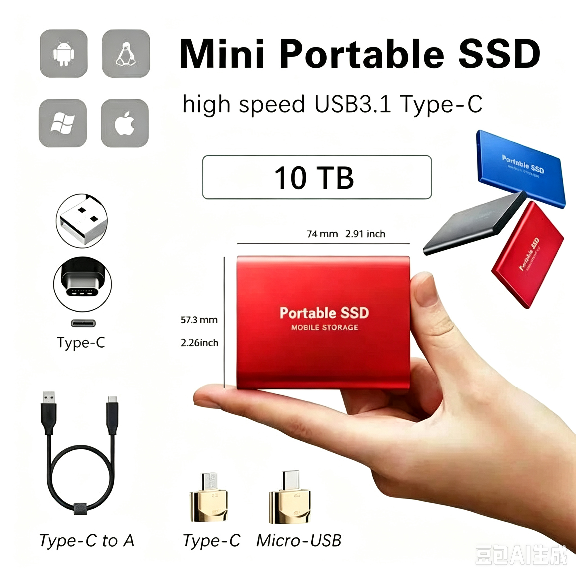 Внешний портативный SSD диск 10ТБ USB 3.1 Type-C, скорость чтения/записи до 1050 МБ/с, мобильный накопитель красный
