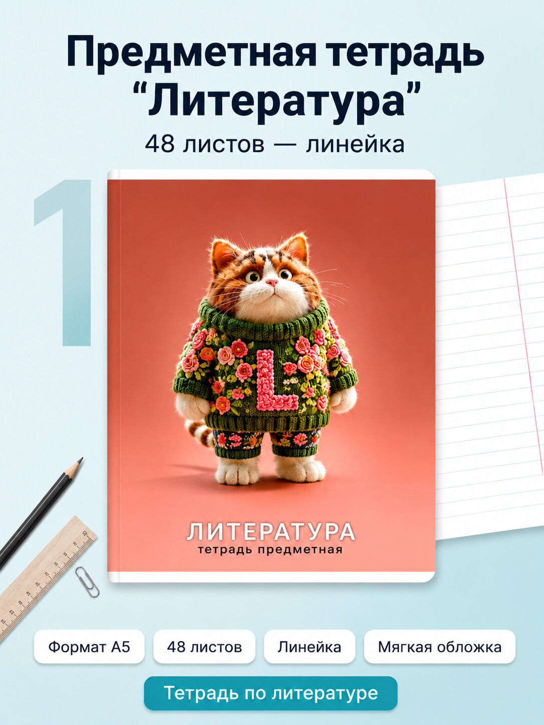 Тетрадь предметная 48 листов КТС Котики в свитерах, для литературы в линию, лак