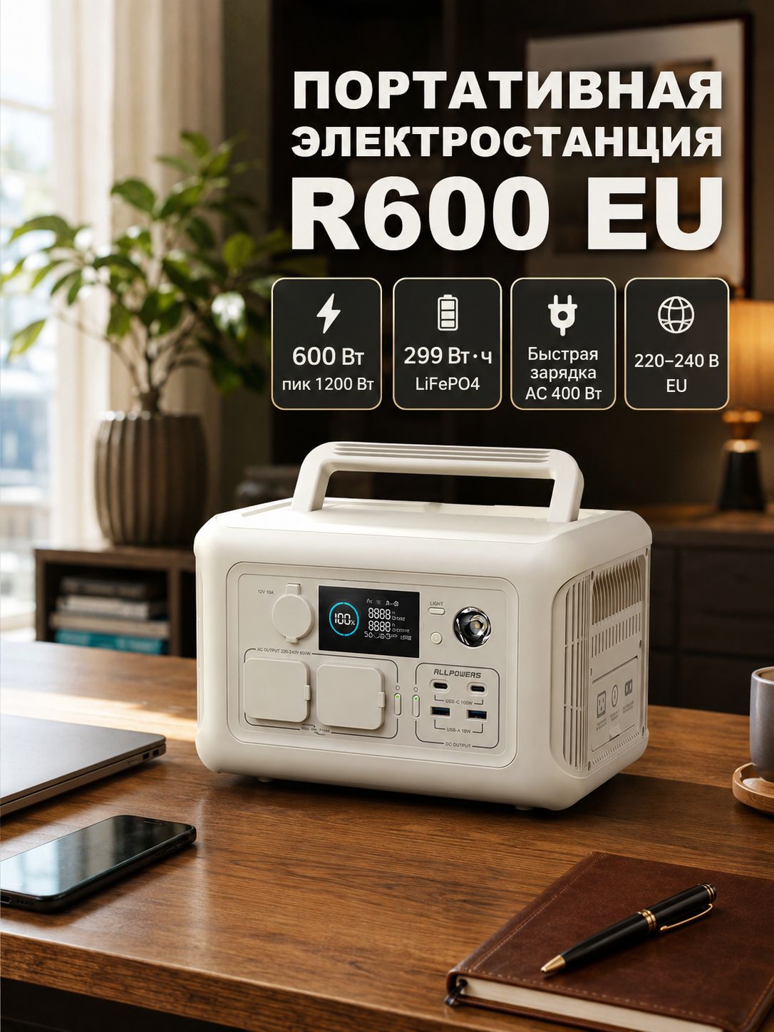 Компактная портативная зарядная станция R600 600W 299Wh 220V для дома, кемпинга и путешествий