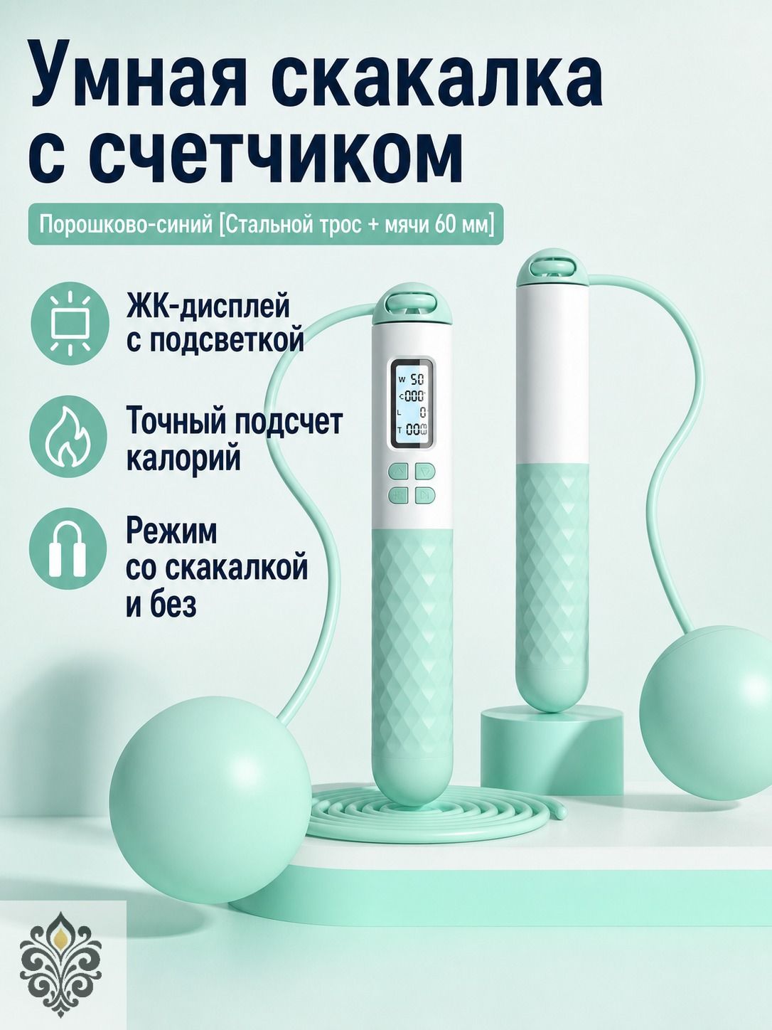 Скакалка с счетчиком прыжков и утяжелителями 60 мм, универсальная, цвет: пудрово-голубой