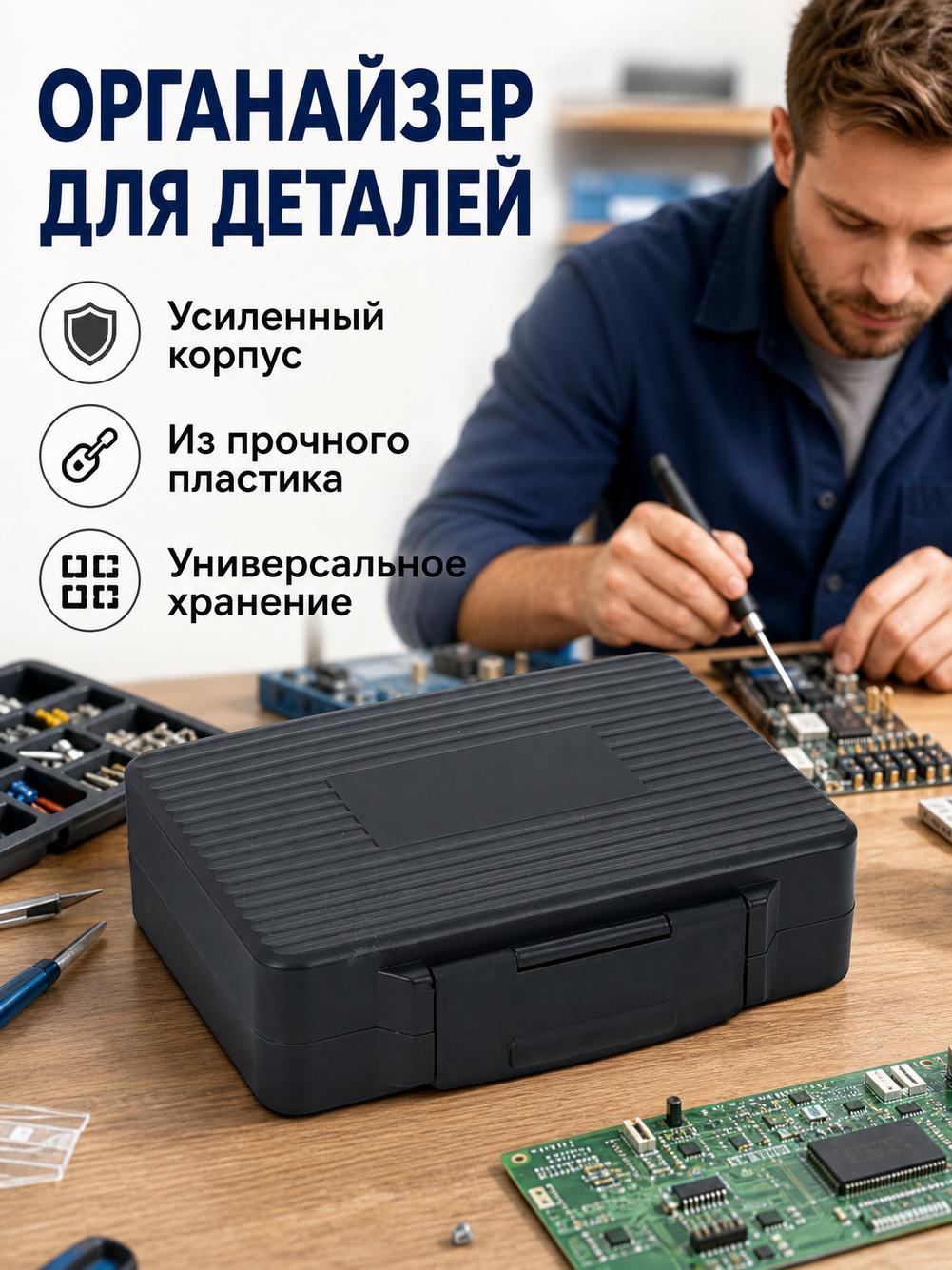Пластиковый защитный бокс для хранения, герметичный портативный кейс, предназначенный хранения мелких электронных компонентов и ремонтных инструментов.