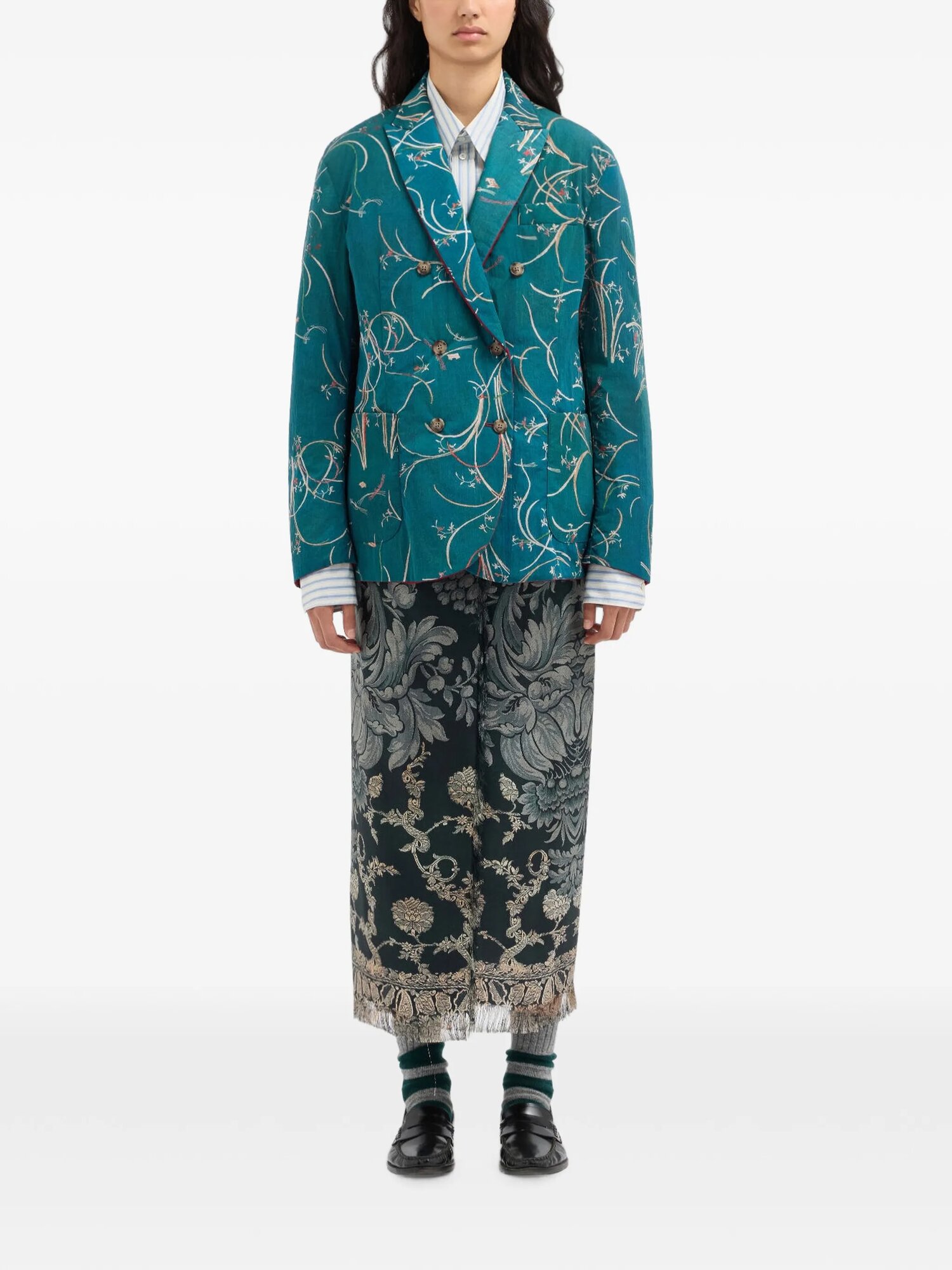 Пиджак Pierre-Louis Mascia Integra floral-print double-breasted blazer, размер 48, синий — фото 1