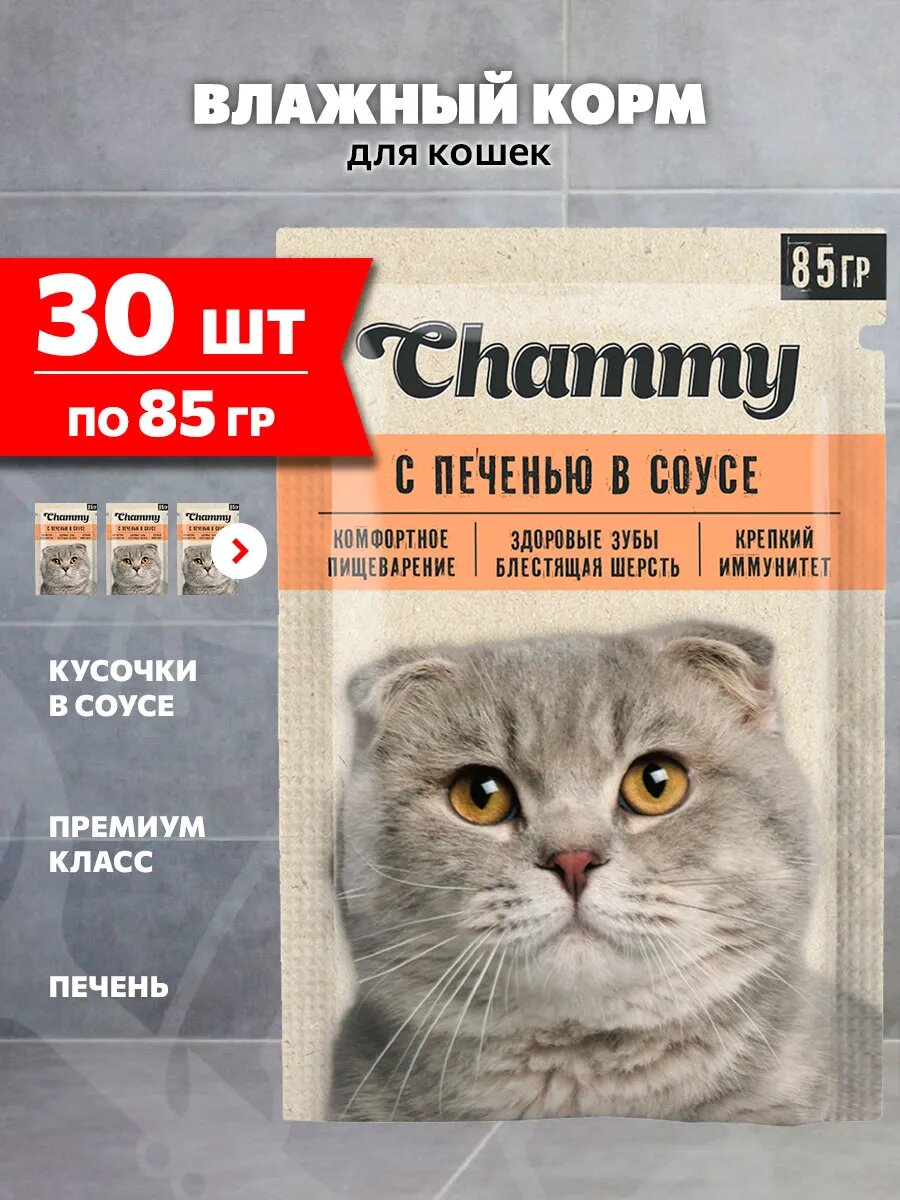 Корм влажный Chammy для взрослых кошек, печень в соусе, 85 г 30 шт