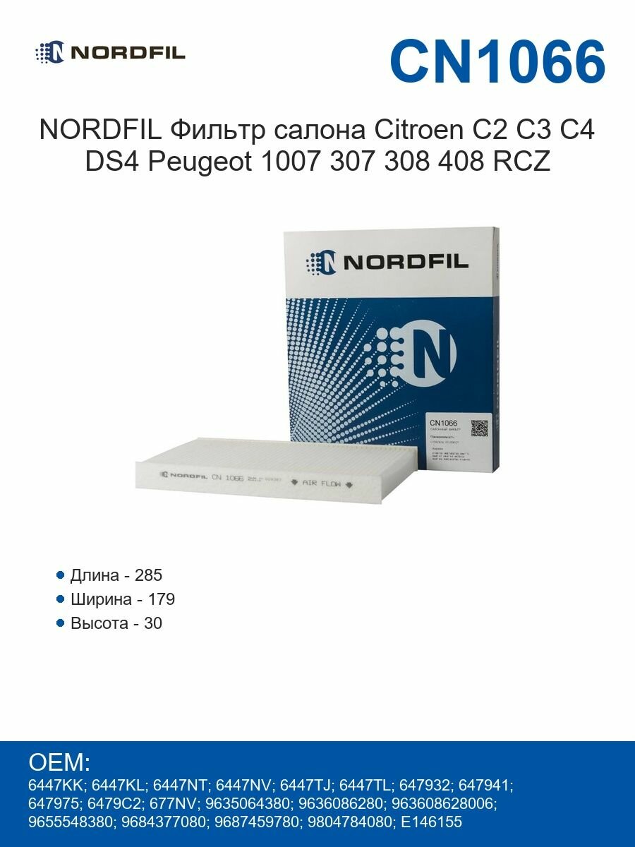 NORDFIL Фильтр салона Citroen C2 C3 C4 DS4 Peugeot 1007 307 308 408 RCZ