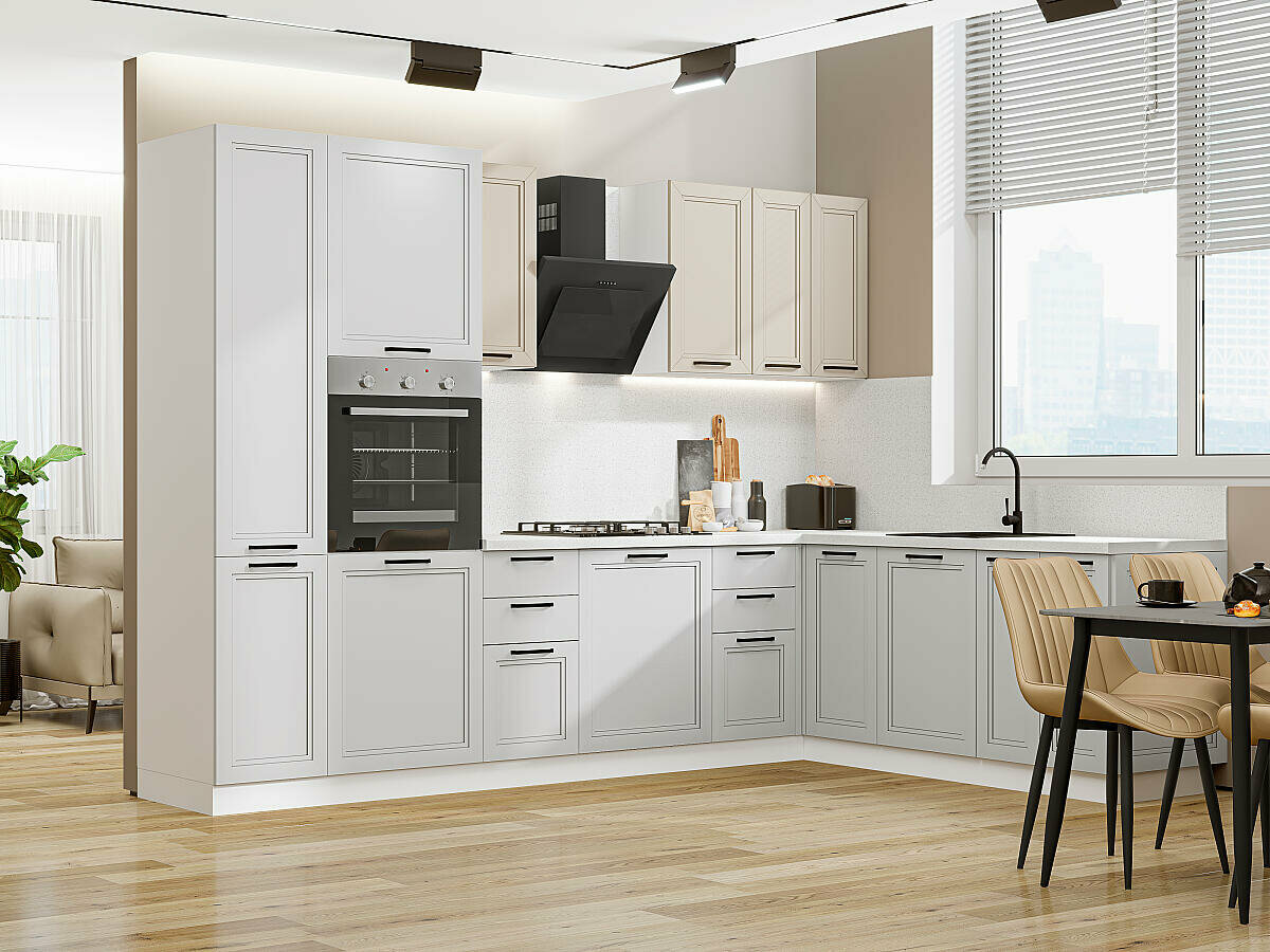 Кухонный гарнитур угловой кухня без столешницы Нео-03 2140*3000-2100*600 Cream Silk-Grey Silk