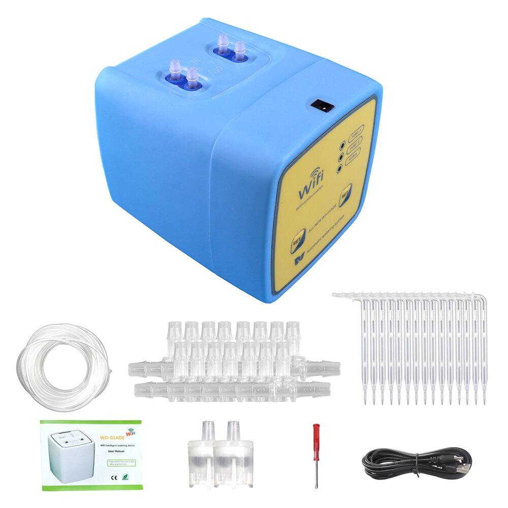 Устройство для полива WIFI с интеллектуальным контролем Двойной помпа Таймер автоматическая капельная полива Удаленный контроллер через приложение для сада террасы горшечных растений цветов Цвет: Белый / Синий + Желтый Материал: ABS Напряжение: 5В Ток:
