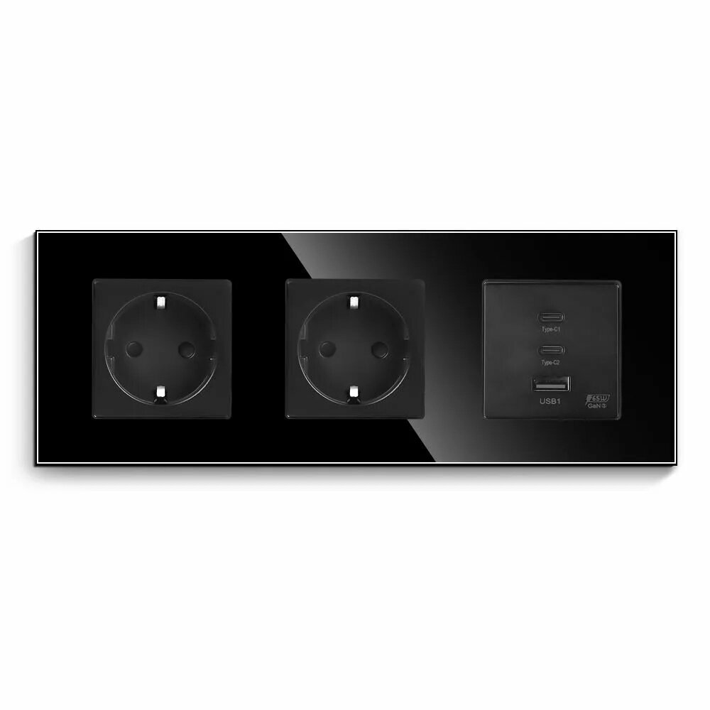 Розетка тройная внутренняя с USB и type-C быстрая зарядка 65W и розеткой EU 220V, рамка закаленное стекло черное