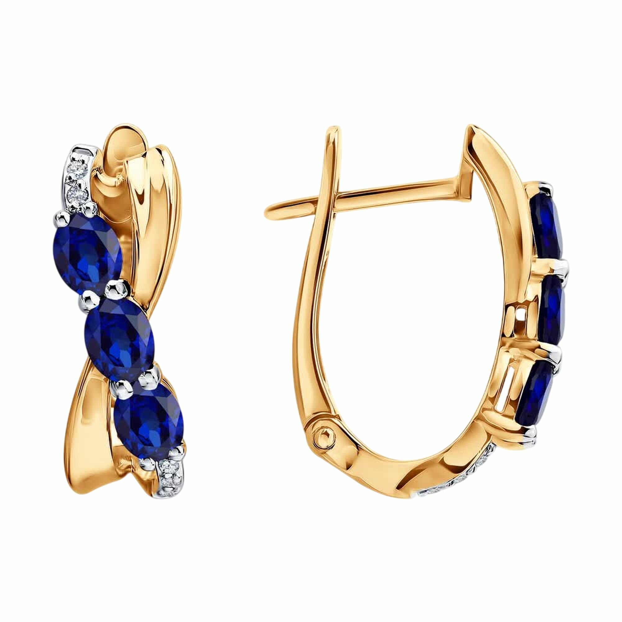 Серьги, красное золото, 585 проба, бриллиант, сапфир