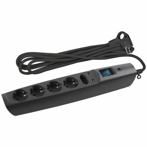 Удлинитель с сетевым фильтром 5х2м с заземл. 10А IP20 U-5es-2m-B 2хUSB ПВС 3х0.75 с выкл. защ. шторки черн. Эра C0043326