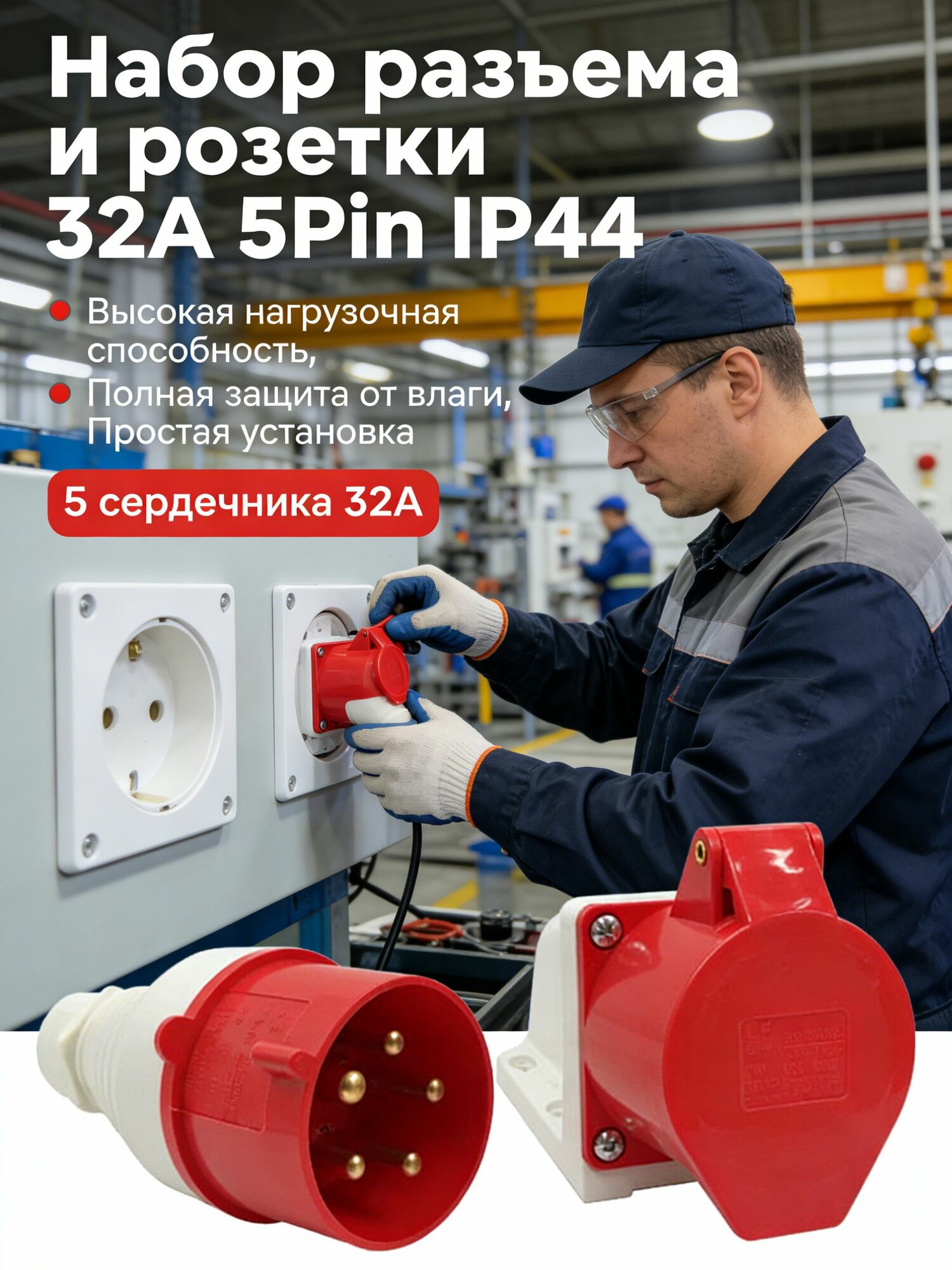 Силовой разъем 5 контактов 32А 380V; Вилка и розетка настенного крепления