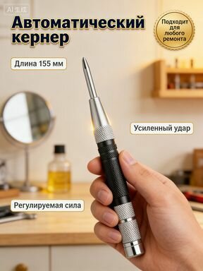 Кернер автоматический для точной разметки отверстий, 155х15 мм, регулируемый ударный механизм без молотка