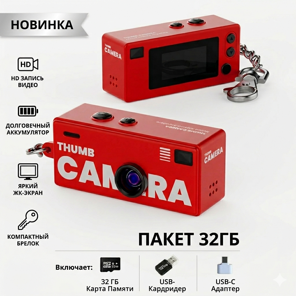 Мини экшн камера-брелок с экраном HD Яркий дизайн, похода, отпуска. Полный комплект 32ГБ карта, картридер, адаптер.