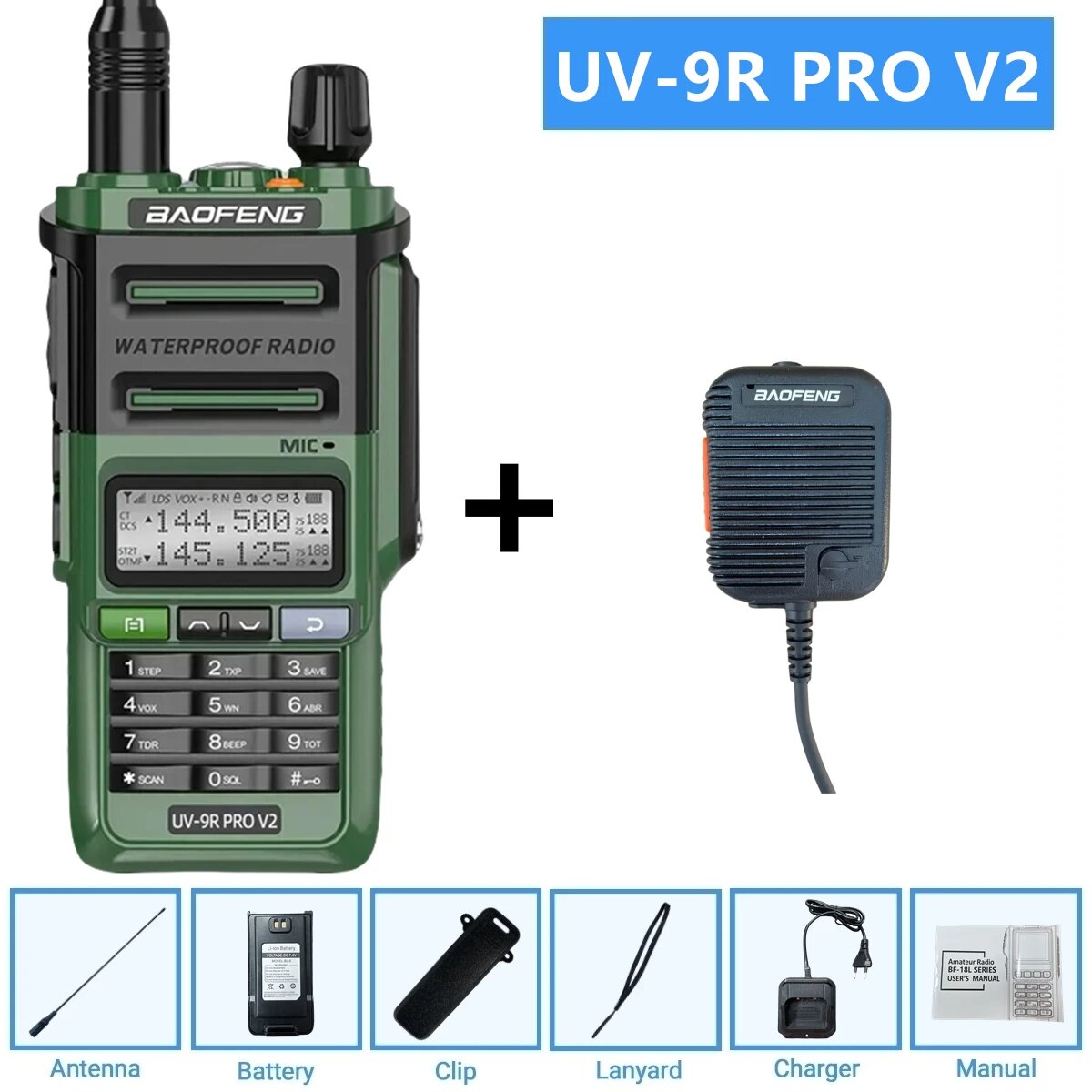 Баофен UV 9R Pro V2 радиостанция двухстороннего общения с водонепроницаемостью IP68, три мощности, зарядка Type-C, дуал-бенд, радиостанция для любителей радиосигналов, морская радиостанция