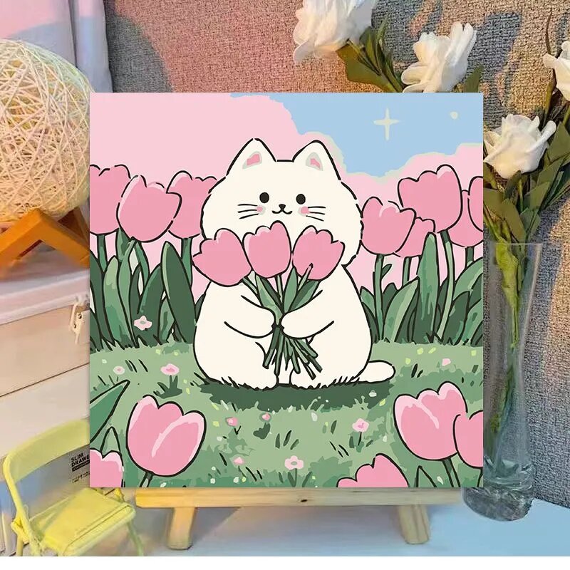 Картина по номерам, 20x20 CM, животные, пейзаж, подарок. Картина с котом и тюльпанами