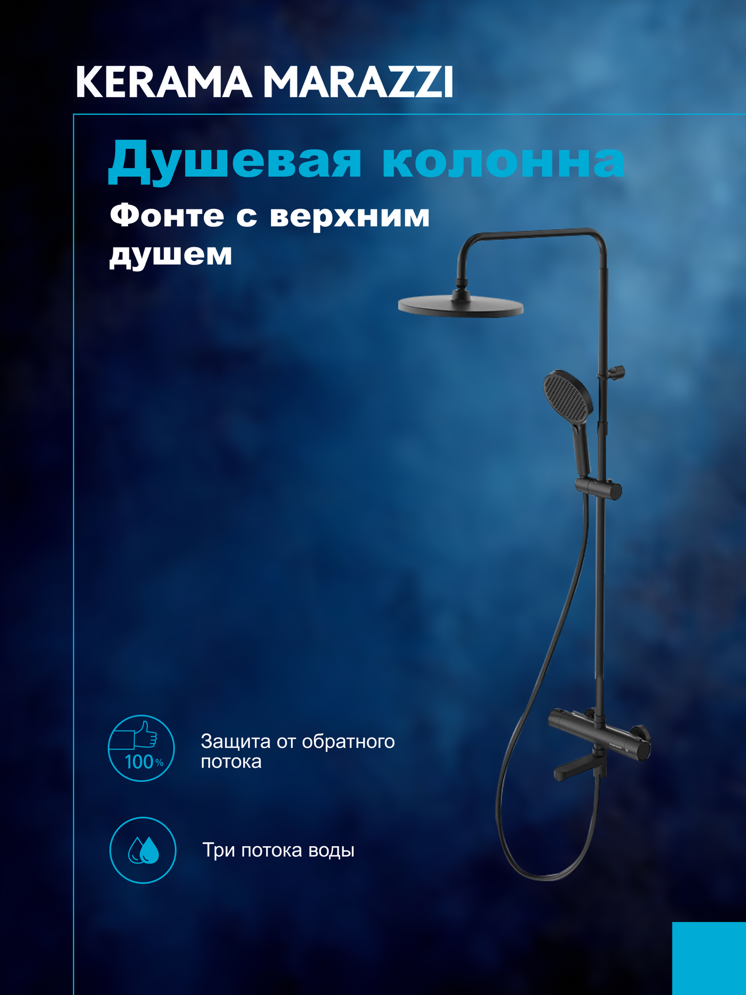 Душевая система KERAMA MARAZZI Фонте круглая, черный матовый на 3 потока с термостатическим смесителем, с ручным душем на 4 режима, FO.302. KM. BLK. M