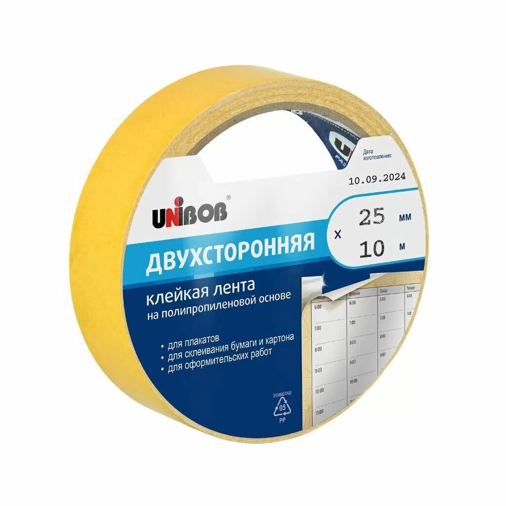 Двухсторонняя клейкая лента Unibob 25 мм х 10 м, полипропиленовая основа, белый скотч для фиксации и декора, 38566