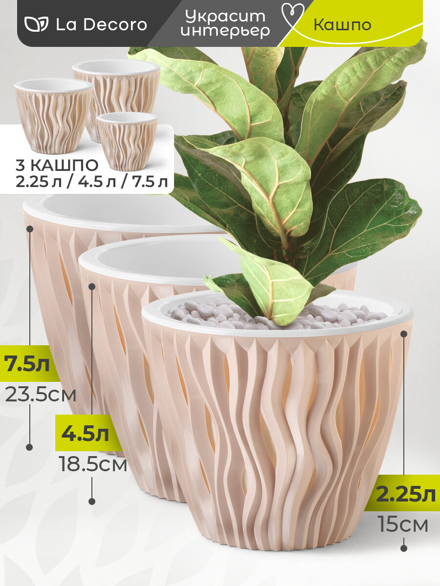 Кашпо со складными ручками La Decoro, горшок для цветов с внутренней вставкой, вдохновение, 3 шт в наборе 2.25 л, 4.5 л и 7.5л, цвет пудровый