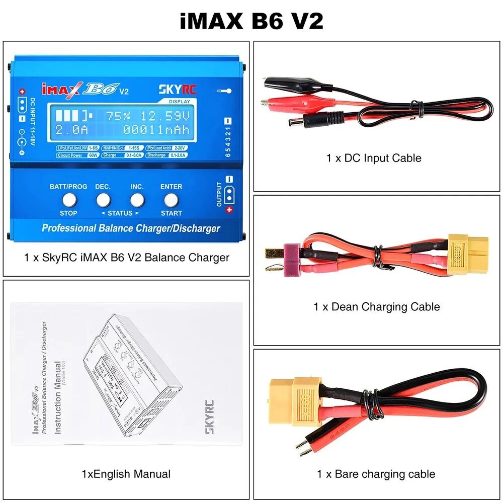 Зарядное устройство SKYRC IMAX B6 V2 60W Для аккумуляторов Li-ion, NiMH, NiCD, LiHV, Pb Функции балансировки и разряда