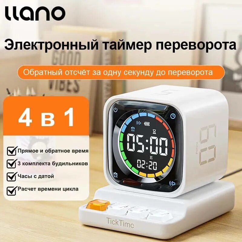 Электронный таймер переворота TickTime, 4 режима, будильники, часы с датой, расчет времени цикла, красный