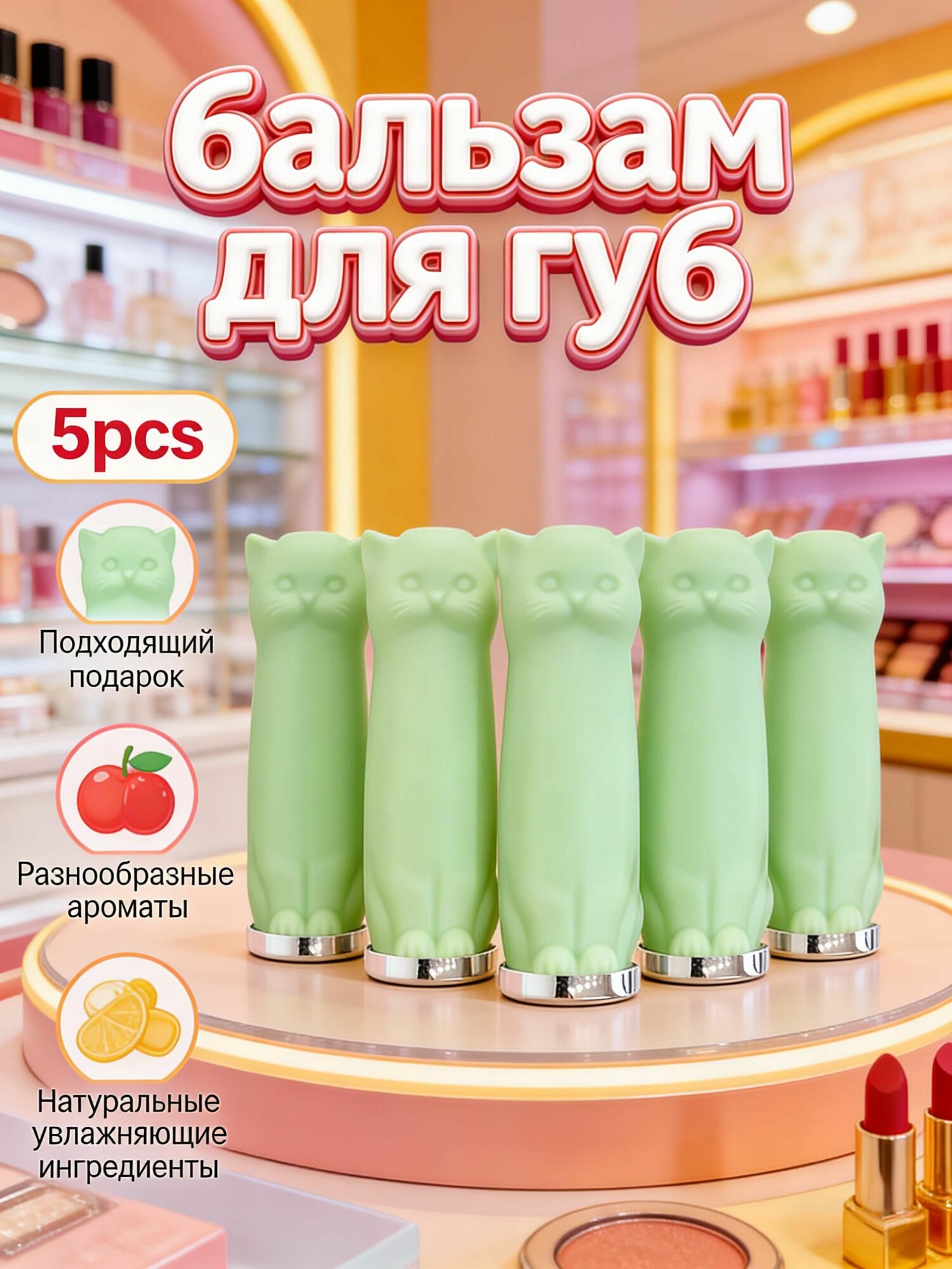 Бальзам для губ KELASI в форме кошки / Предотвращает сухость и уменьшает морщинки на губах / Увлажняет и поддерживает увлажненность губ надолго, не оставляя ощущения жирности.
