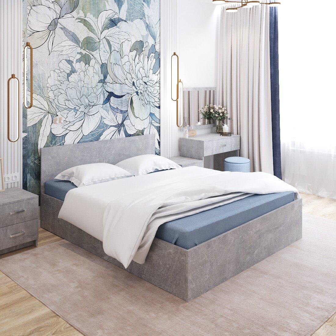 Кровать двуспальная КМК, с ящиками, 180x200 см, каркас из ЛДСП, бетон