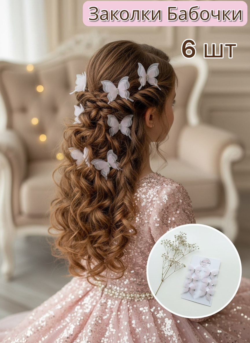 Заколки для волос с бабочками 6 штук пудровые на выпускной