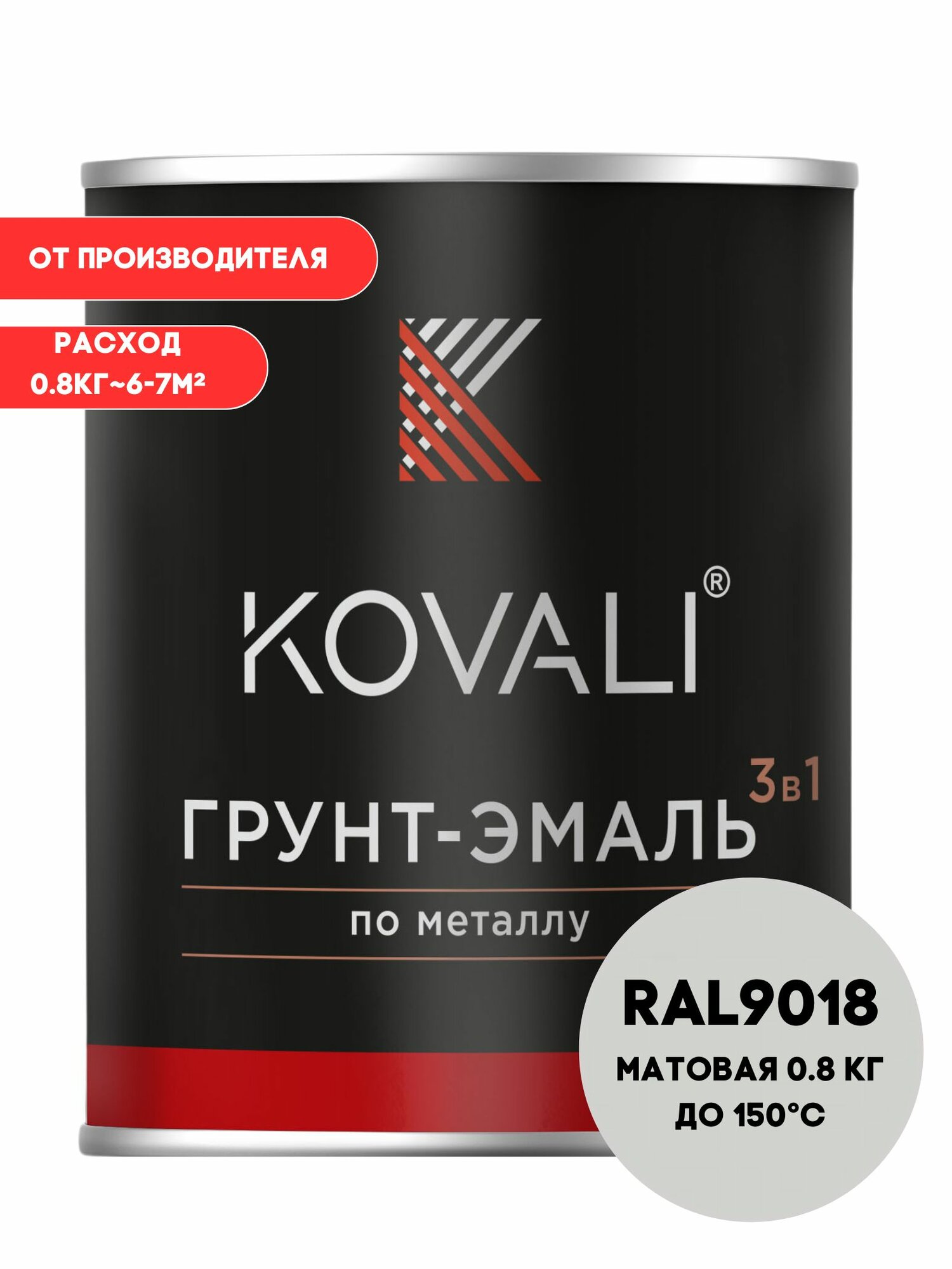 Грунт-эмаль 3 в 1 KOVALI матовая Папирусно-белый RAL 9018 0,8кг краска по металлу, по ржавчине, быстросохнущая , краска Ковали