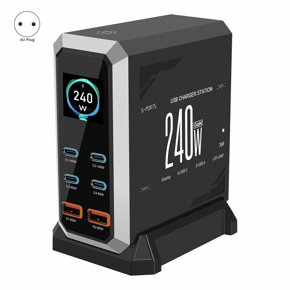 Зарядное устройство 240 Вт Fast USB C GaN Pro с динамическим дисплеем, 6 портов, зарядная станция PD3.1 для ноутбука EU-PLUG